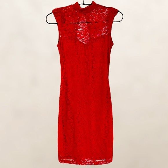 Dresses | Red Lace Open Back High Neck Mini Dress | Poshmark